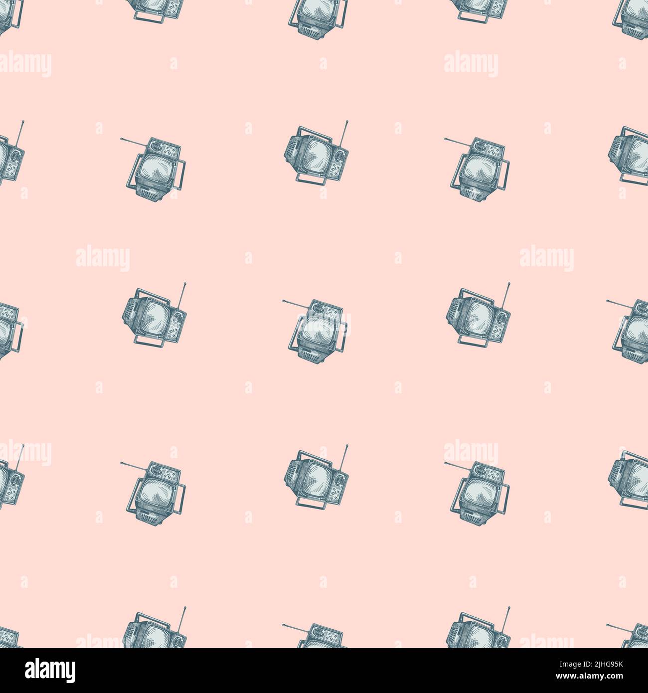 Retro TV engraved seamless pattern. Vintage television with antenna in ...