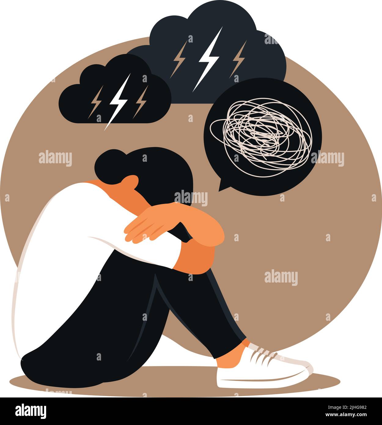 Woman in depression with bewildered thoughts in her mind. Young sad ...