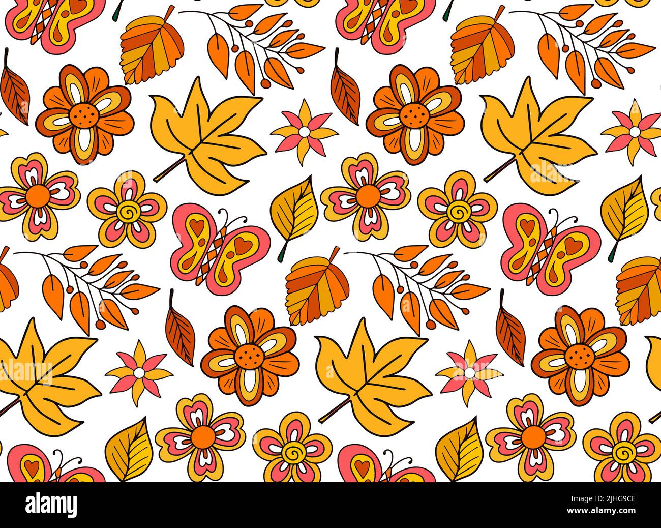 Retro 70s autumn vibe, hippie psychedelic groovy pattern. Cartoon funky ...
