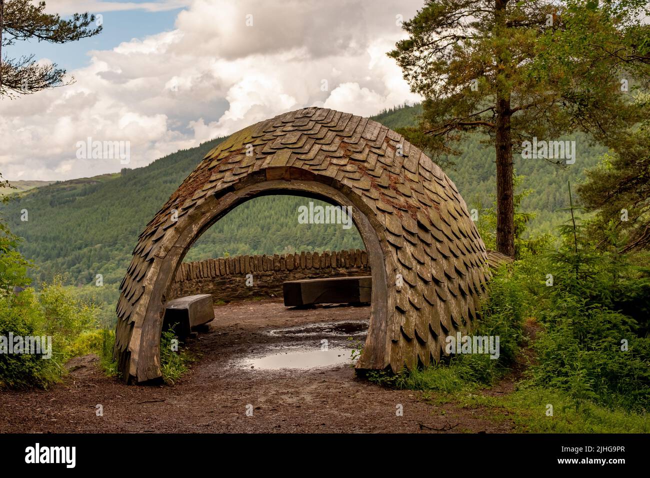 Old historic stone bridge at the entrance to Dunkeld hermitage and pine ...