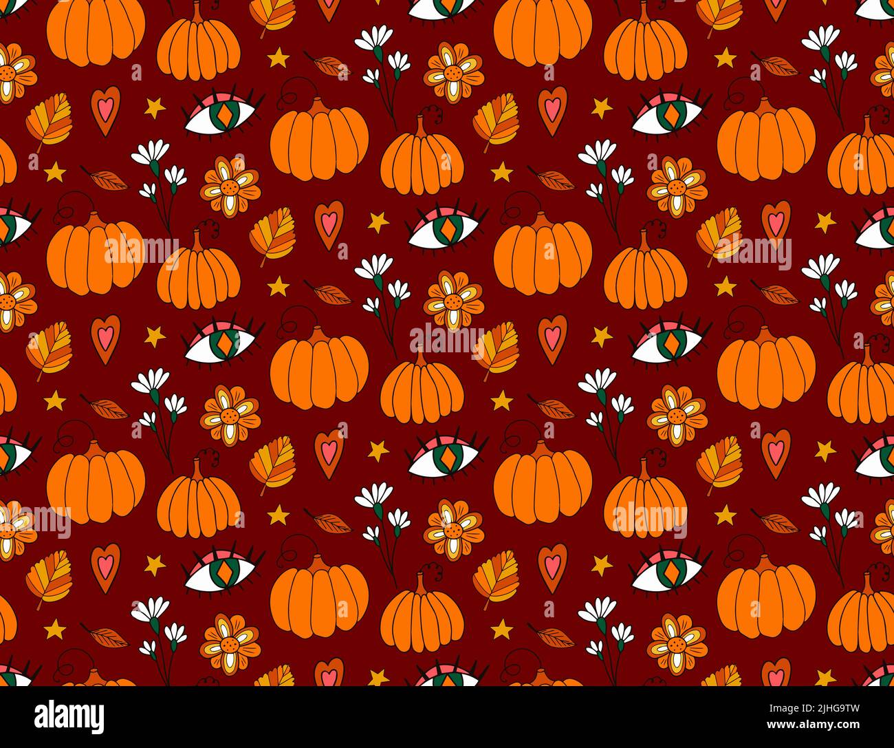 Retro 70s autumn vibe, hippie psychedelic groovy pattern. Cartoon funky ...