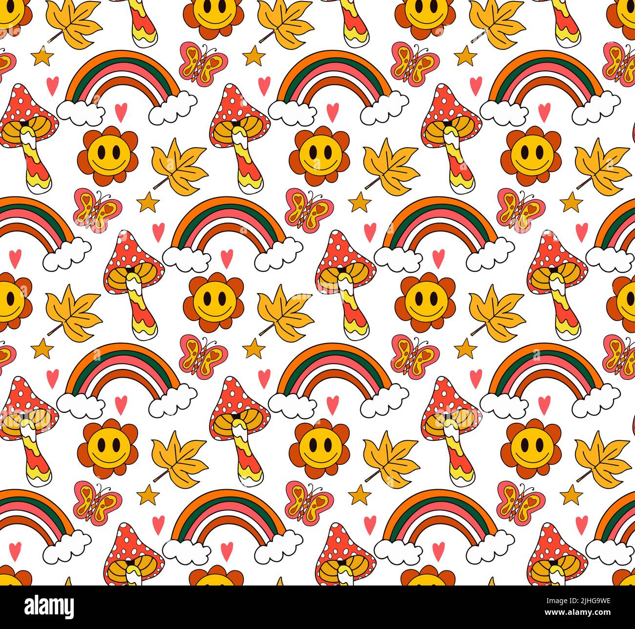Retro 70s autumn vibe, hippie psychedelic groovy pattern. Cartoon funky ...