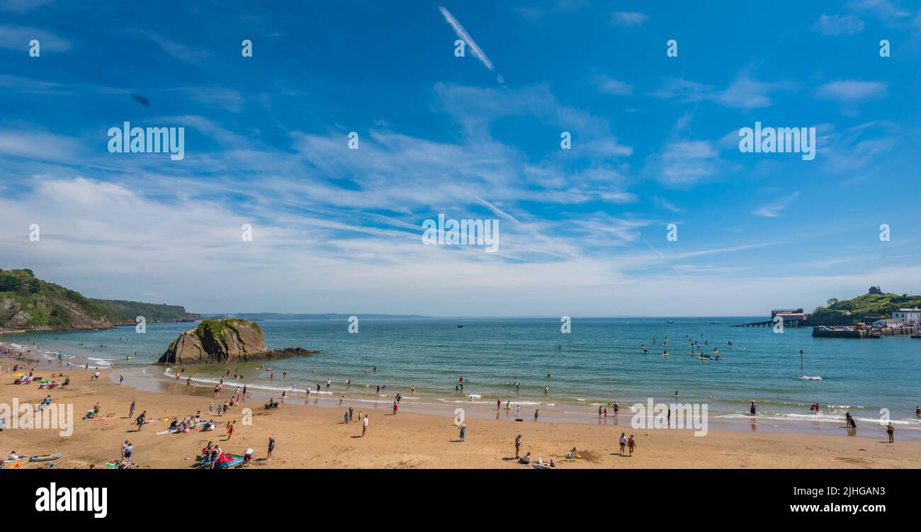 Tenby, Wales - May 2021 : People enjoying sunshine hot day on the ...