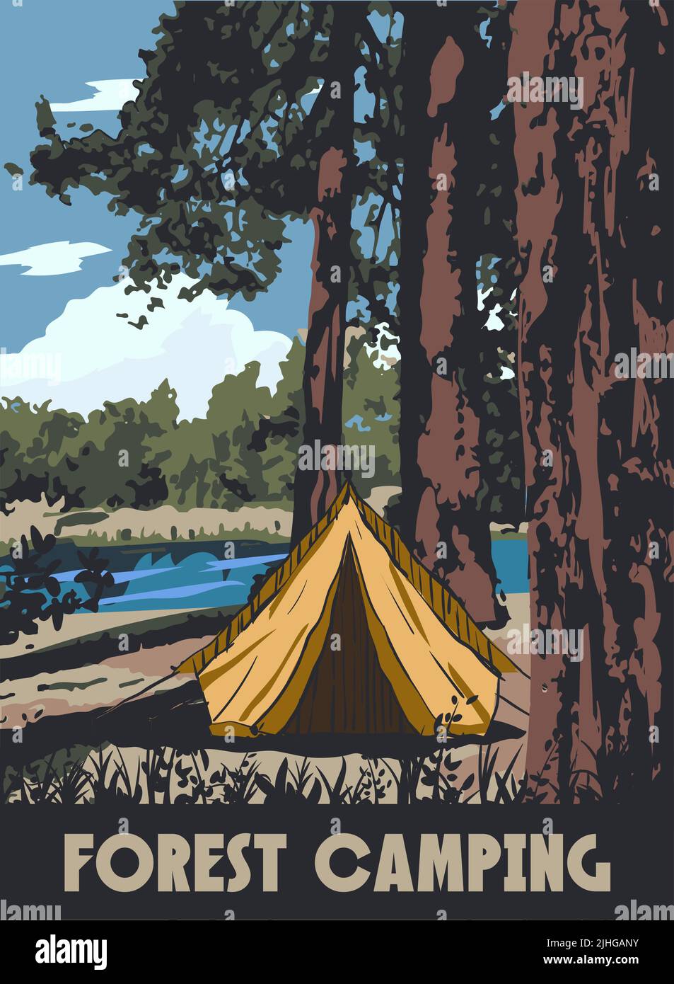 Forest Camping poster retro, camping outdoor travel. Tourism hiking ...