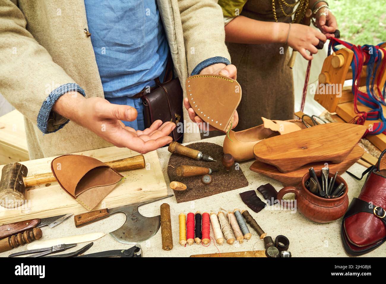 Making medieval vintage leather shoes, items for creating retro boots ...