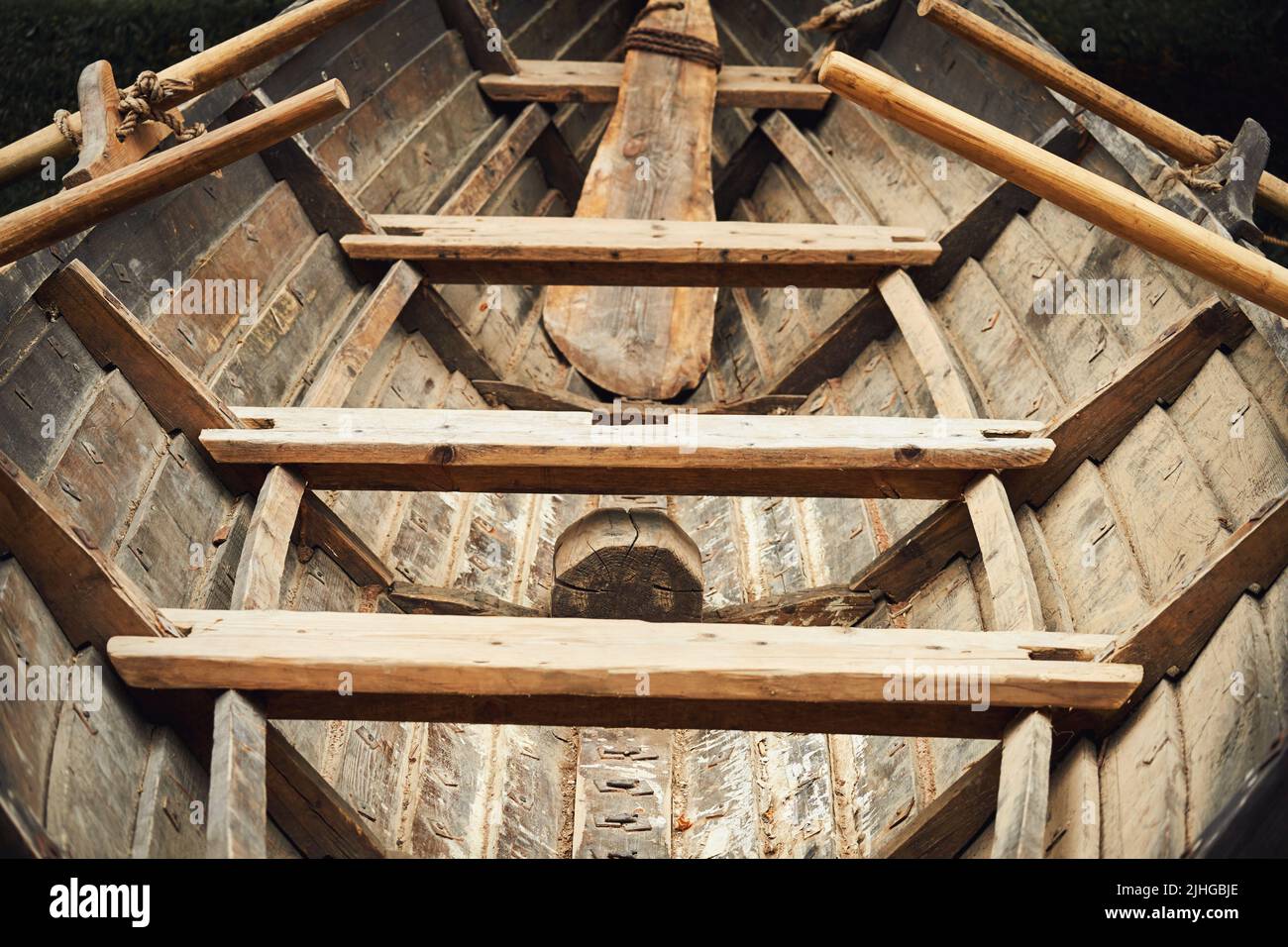 Medieval wooden ship on oars. Reconstruction of the events of the ...