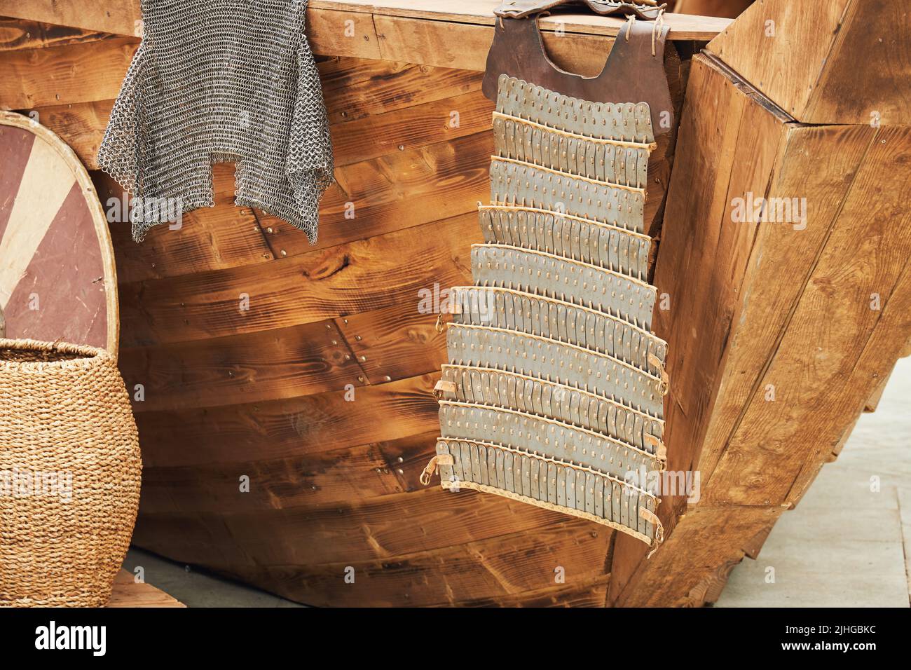 Medieval vintage armor and retro chain mail of a warrior on board a ...