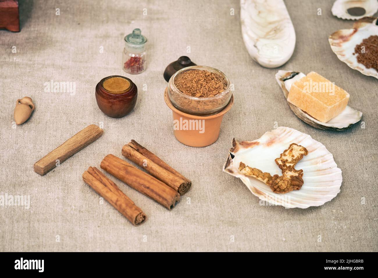 Ancient Roman cinnamon, retro perfume and vintage bath accessories ...
