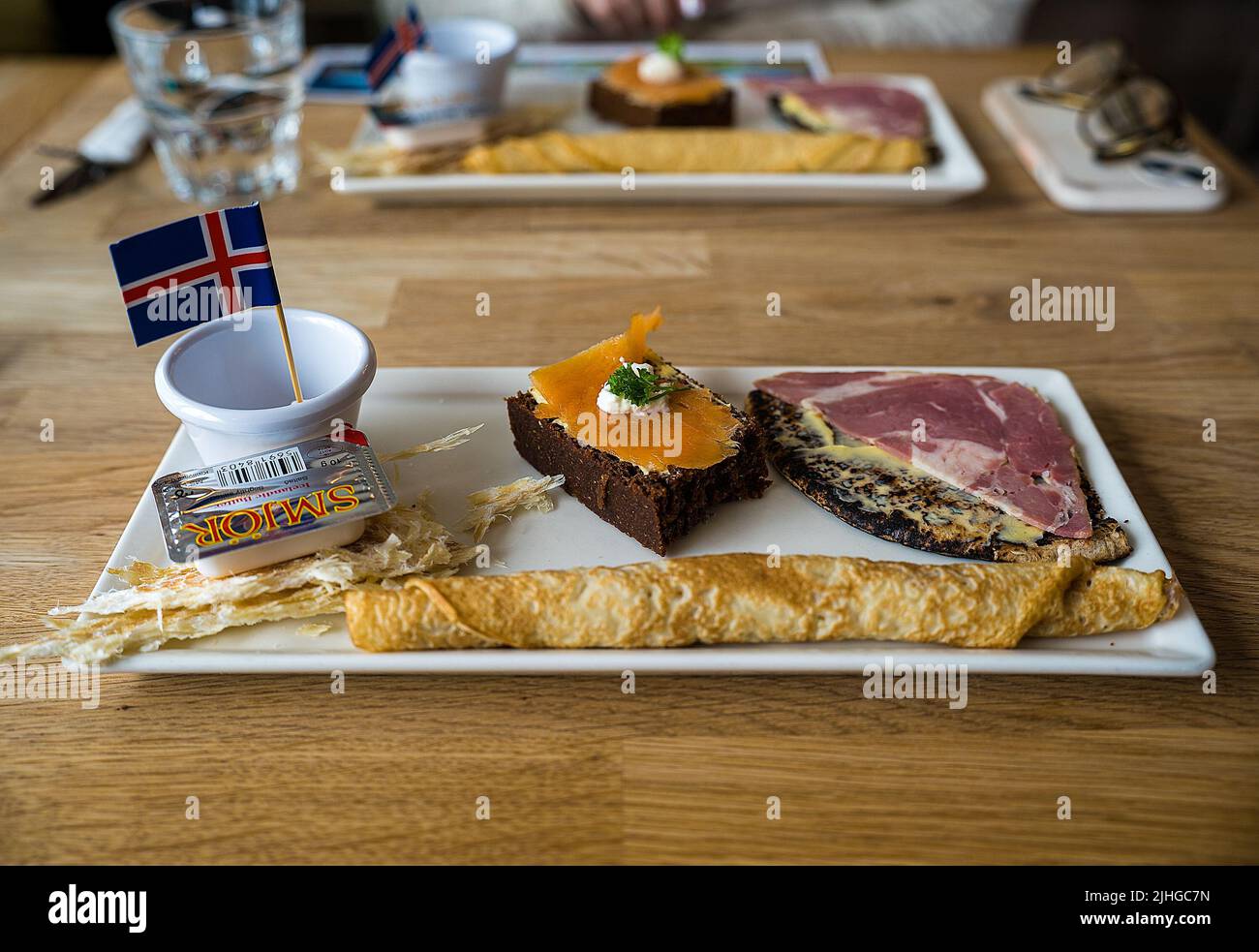 Reykjavik, Iceland - July 4, 2022 Icelandic delicacies; rye bread with ...