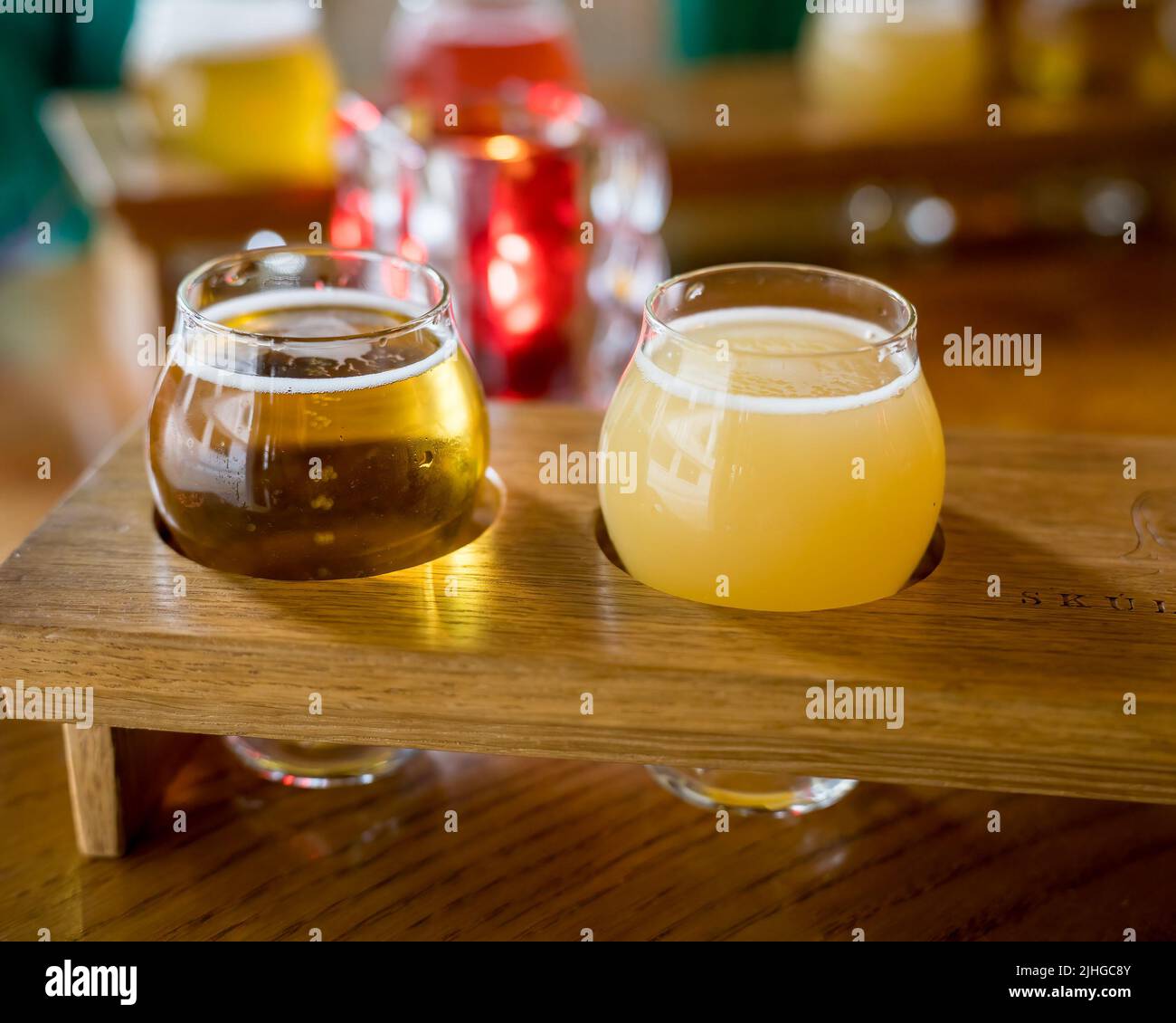 Reykjavik, Iceland - July 4, 2022 closeup view of a sampling of craft ...