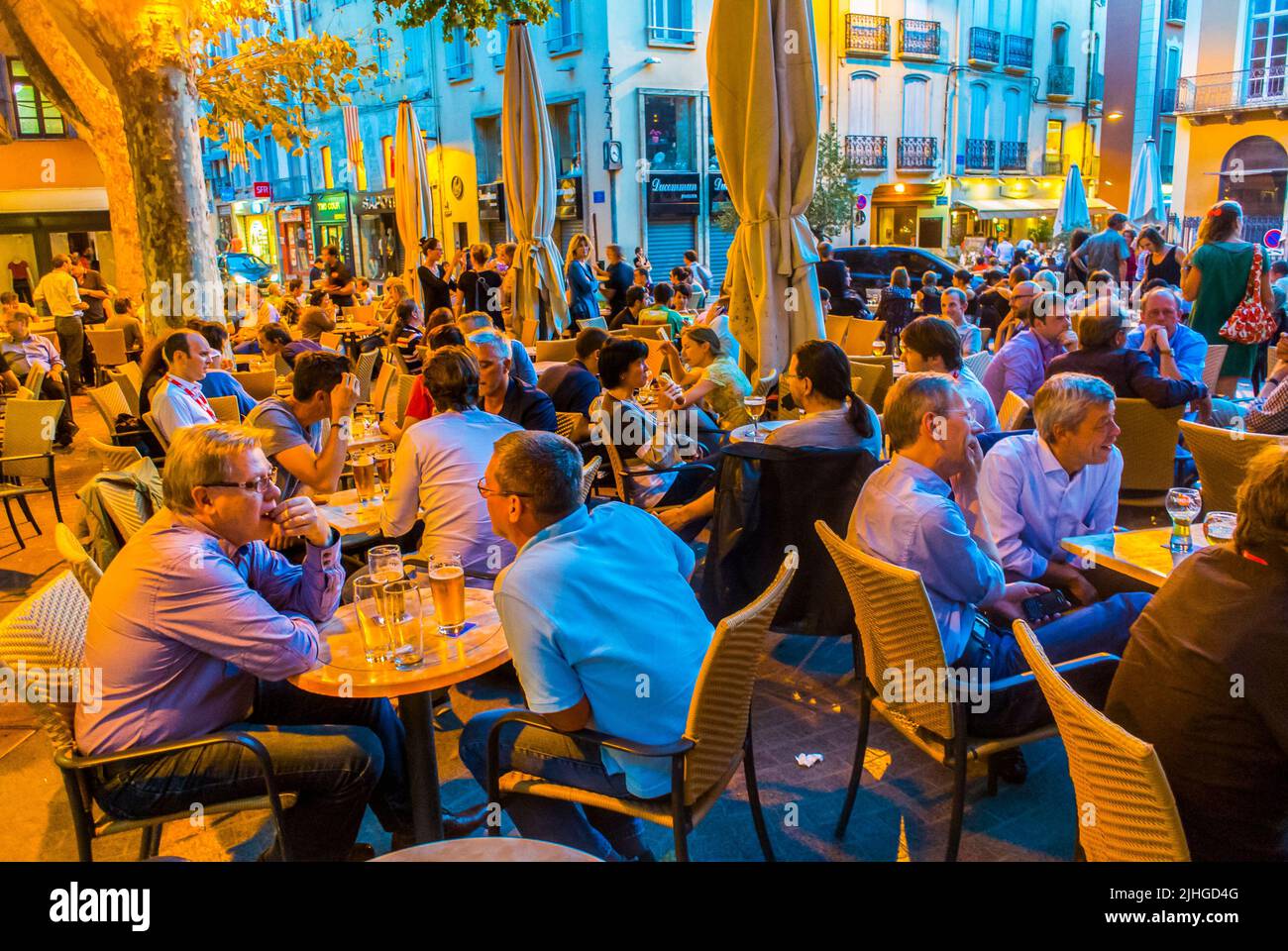 Perpignan, France, Large Crowd People, Sharing drinks outdoors on ...