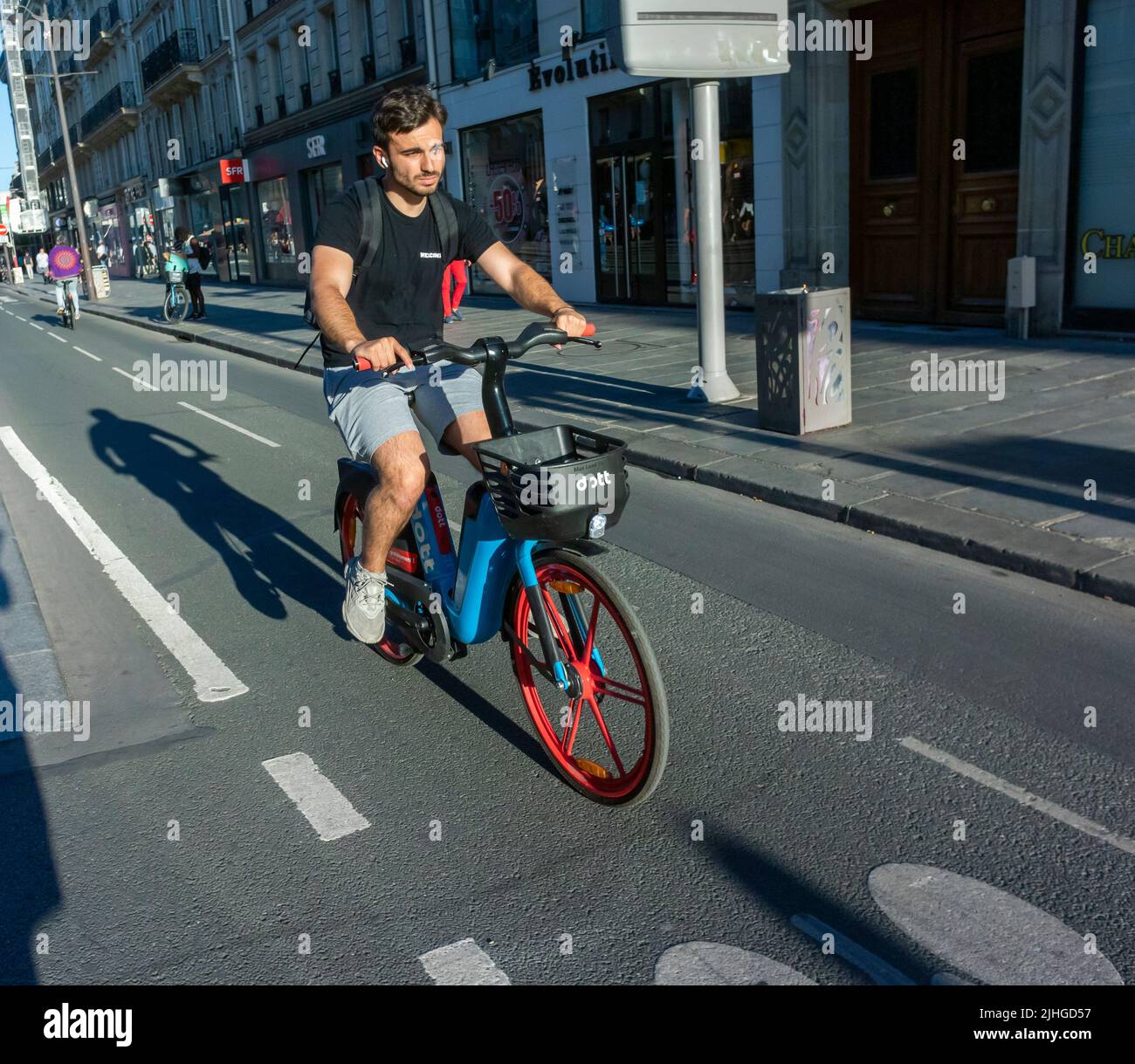 Paris, France, Man Riding Electric Bicycles, Street Scene, City Center ...