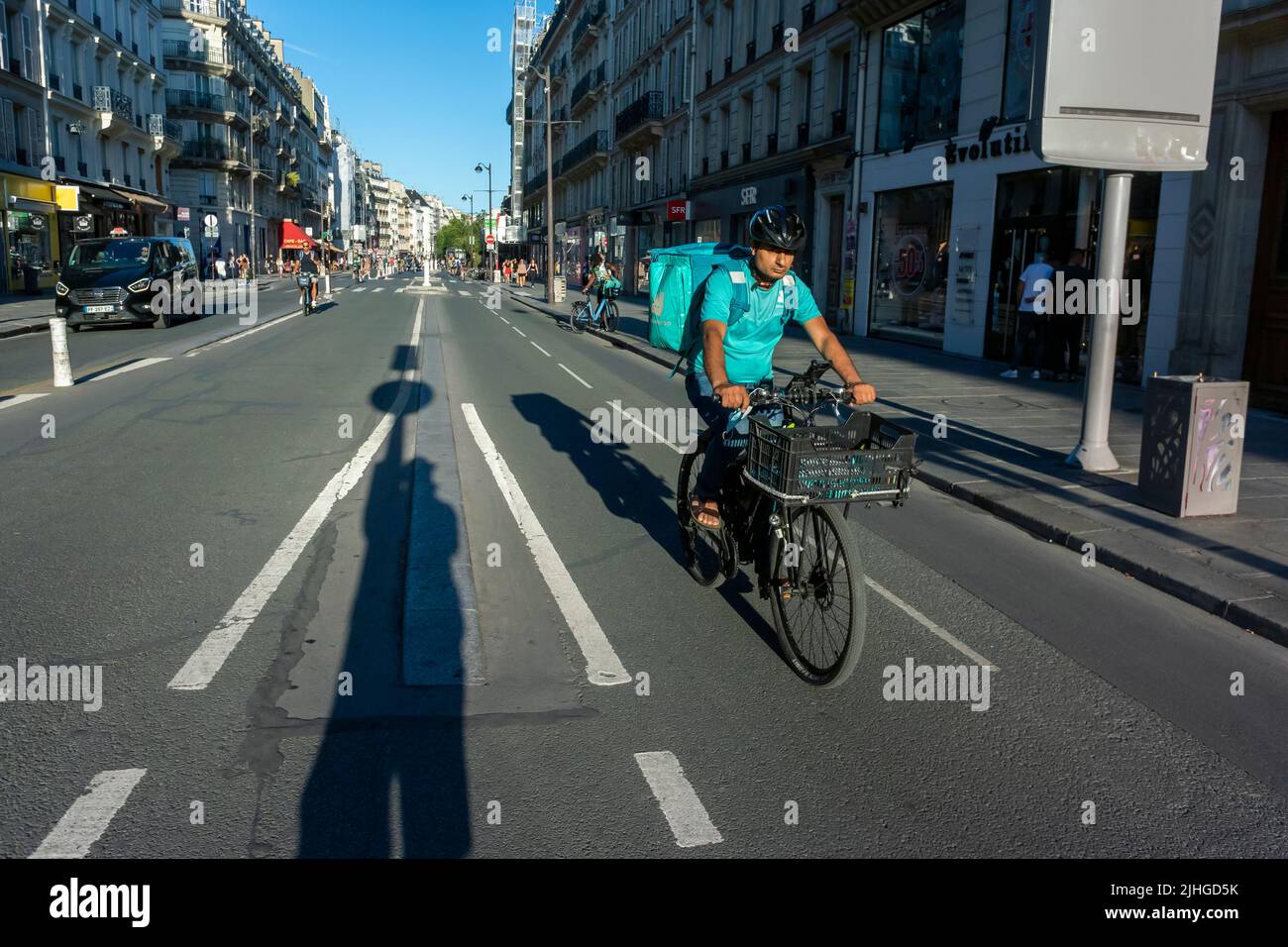 Paris, France, Food Delivery Man "Deliveroo", Riding Electric Bicycles ...
