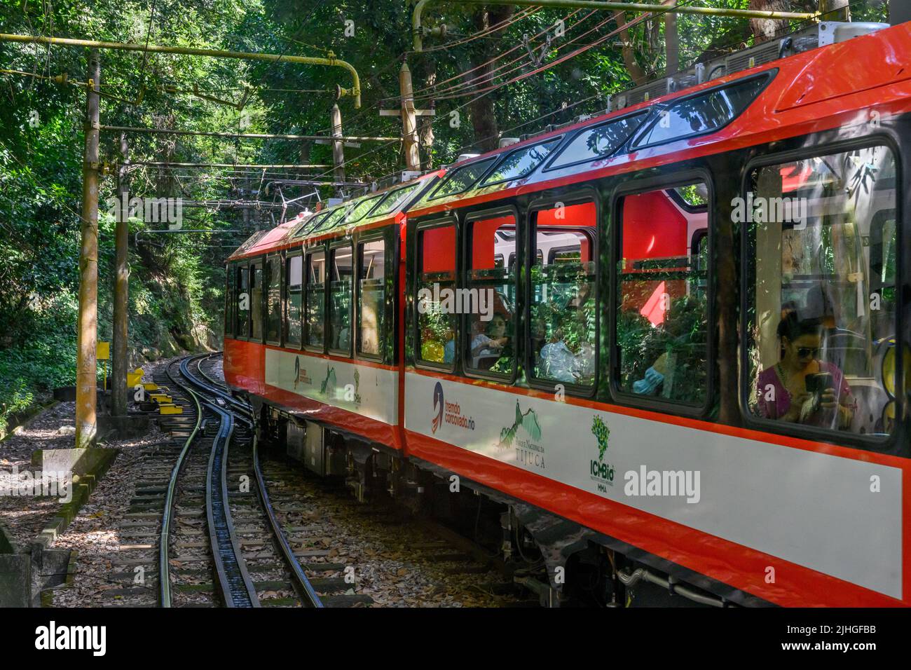 Cog railway train on the tracks to Christ the Redeemer statue ...