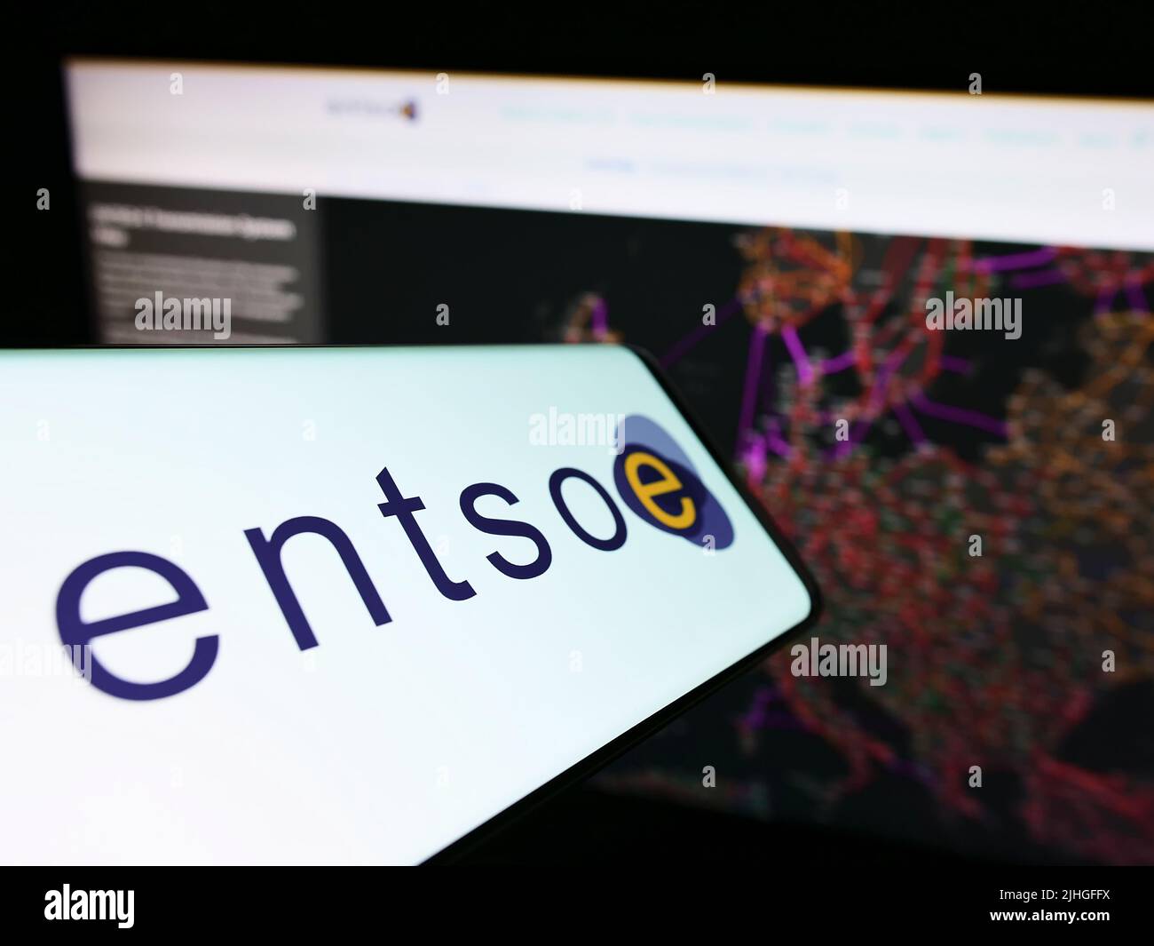 Mobile phone with logo of European energy association ENTSO-E on screen ...