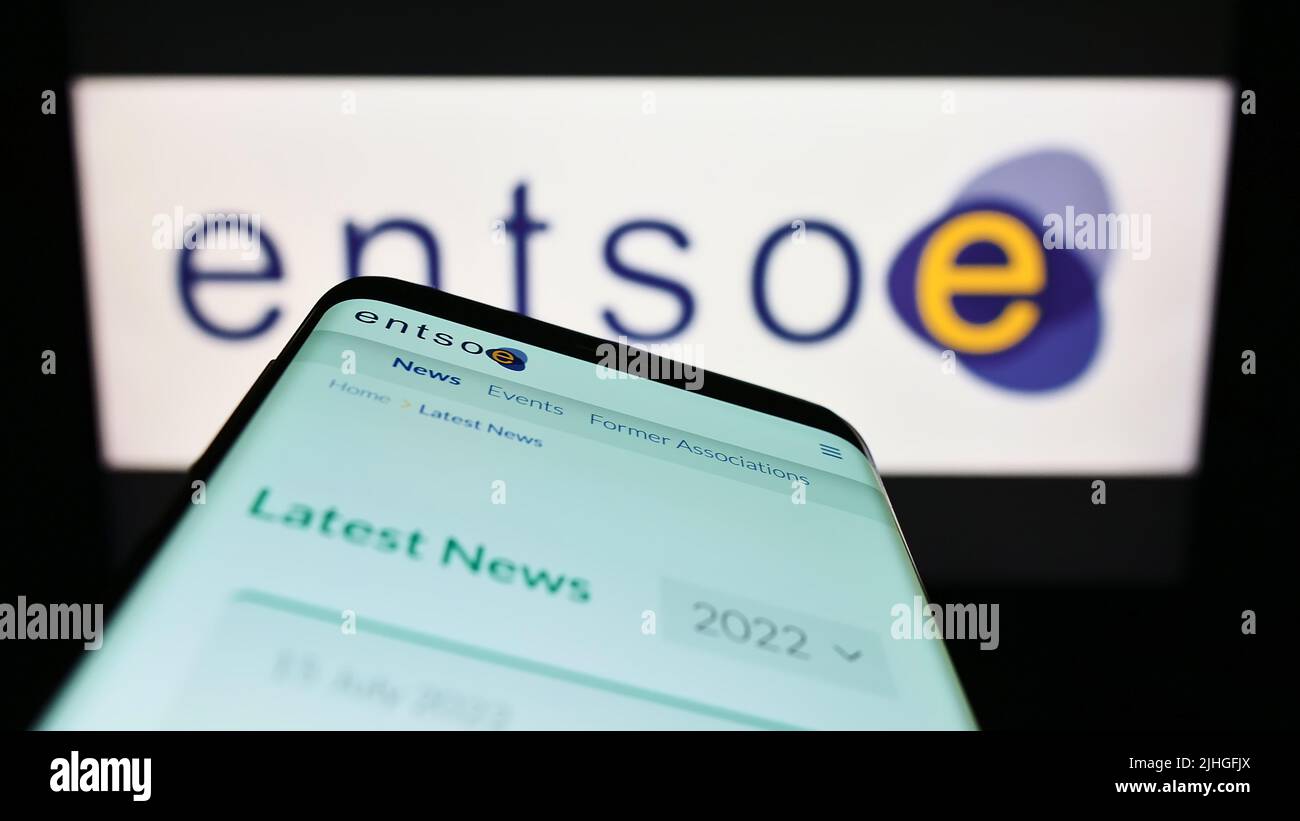 Smartphone with webpage of European energy association ENTSO-E on ...