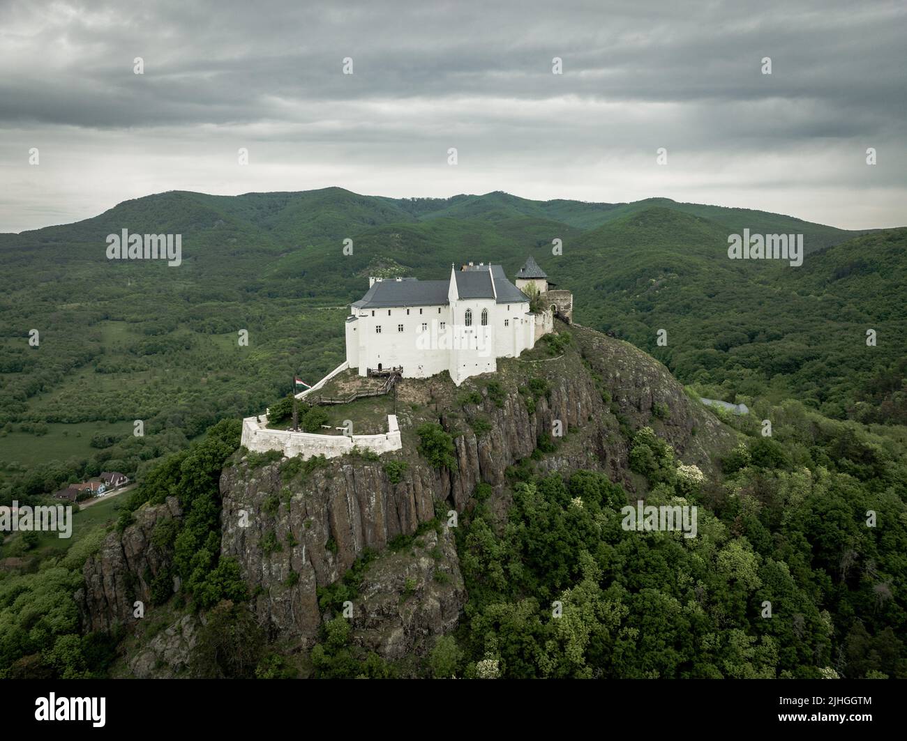 Aerial View Of A Medieval Castle On A Hilltop In Fuzer, Hungary Stock ...
