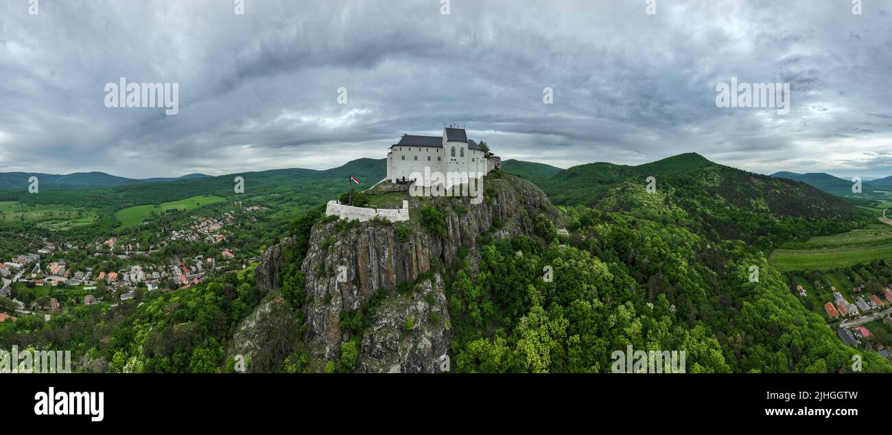 Aerial View Of A Medieval Castle On A Hilltop In Fuzer, Hungary Stock ...