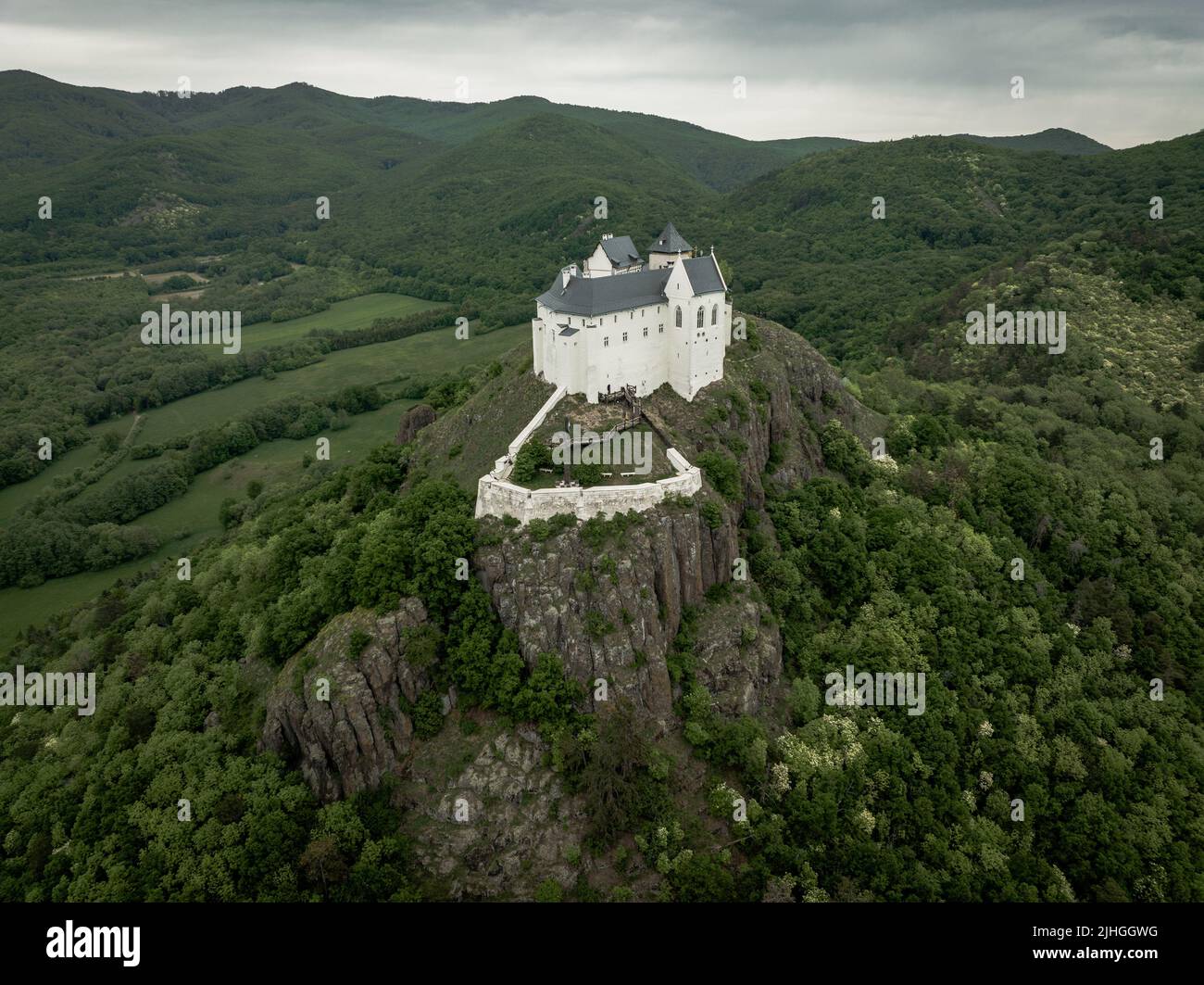 Aerial View Of A Medieval Castle On A Hilltop In Fuzer, Hungary Stock ...
