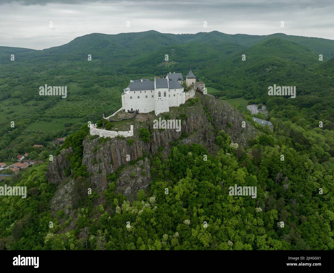 Aerial View Of A Medieval Castle On A Hilltop In Fuzer, Hungary Stock ...