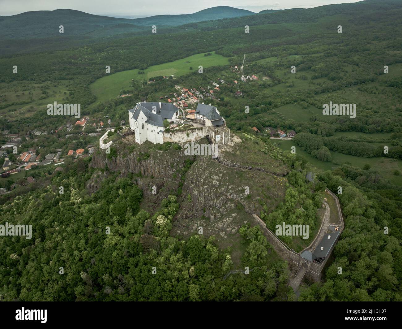 Aerial View Of A Medieval Castle On A Hilltop In Fuzer, Hungary Stock ...