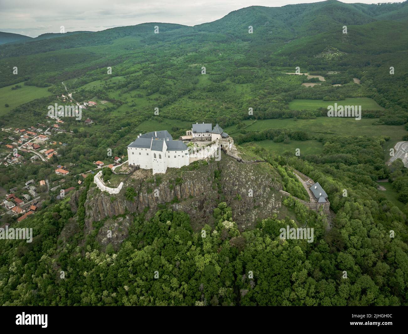 Aerial View Of A Medieval Castle On A Hilltop In Fuzer, Hungary Stock ...