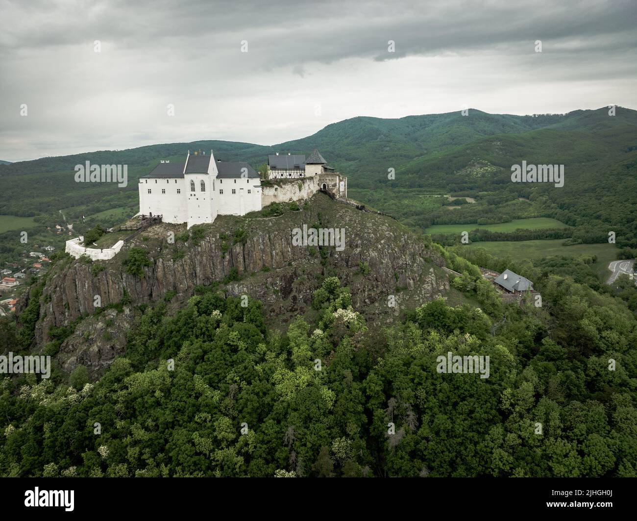 Aerial View Of A Medieval Castle On A Hilltop In Fuzer, Hungary Stock ...