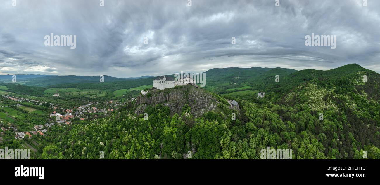 Aerial View Of A Medieval Castle On A Hilltop In Fuzer, Hungary Stock ...