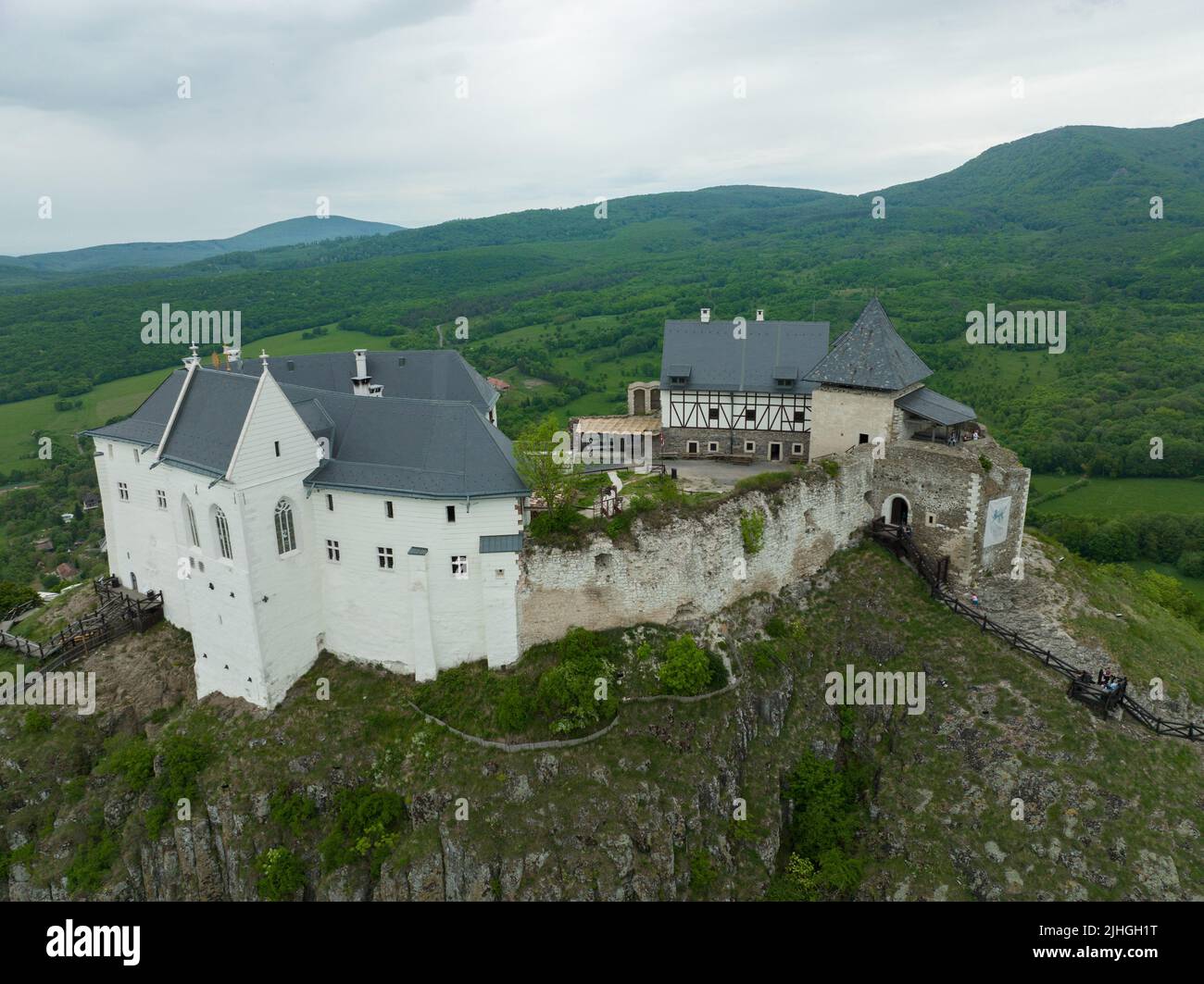 Aerial View Of A Medieval Castle On A Hilltop In Fuzer, Hungary Stock ...