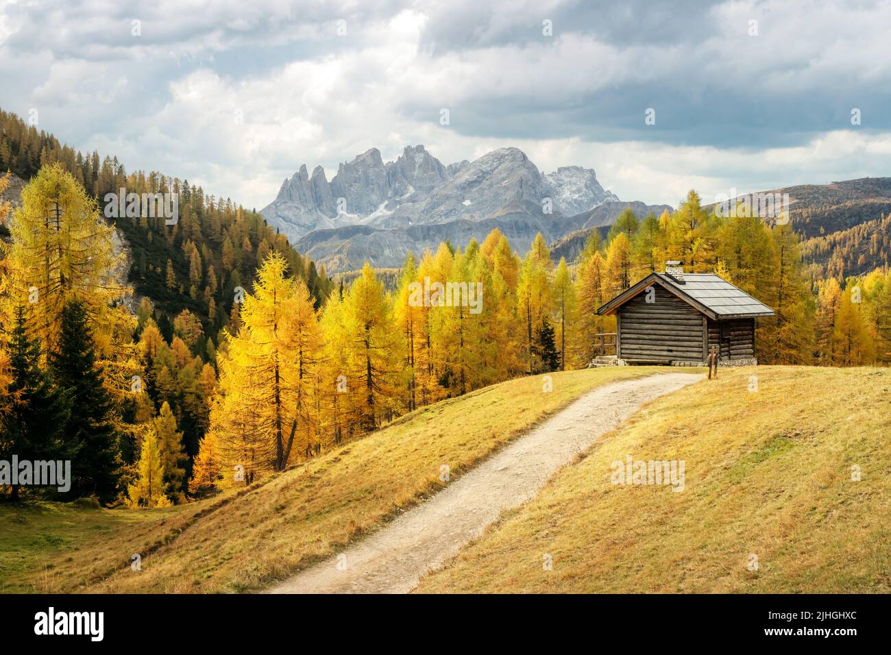 Incredible autumn view at Valfreda valley in Italian Dolomite Alps ...