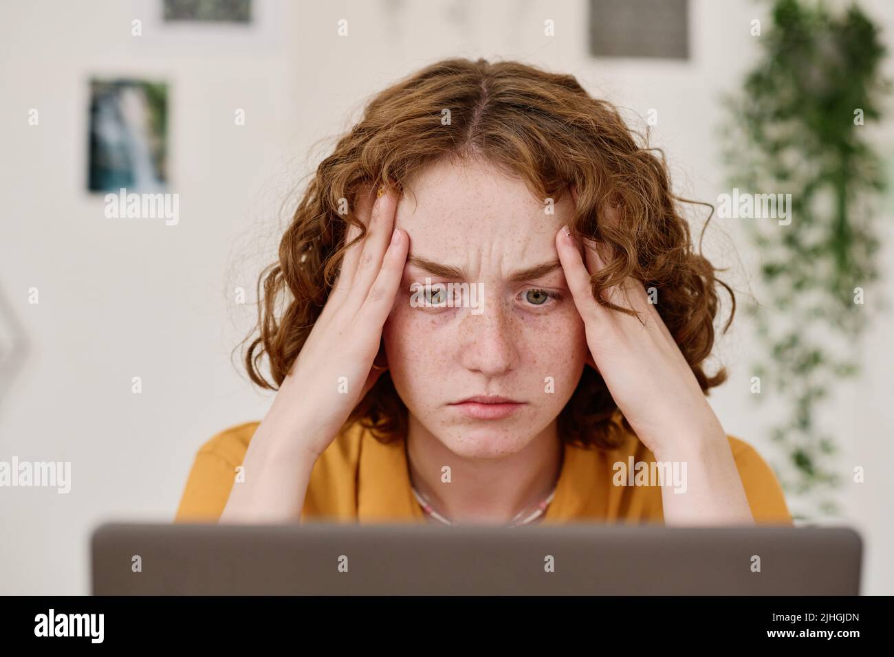 Young female freelancer with tense facial expression looking at laptop ...