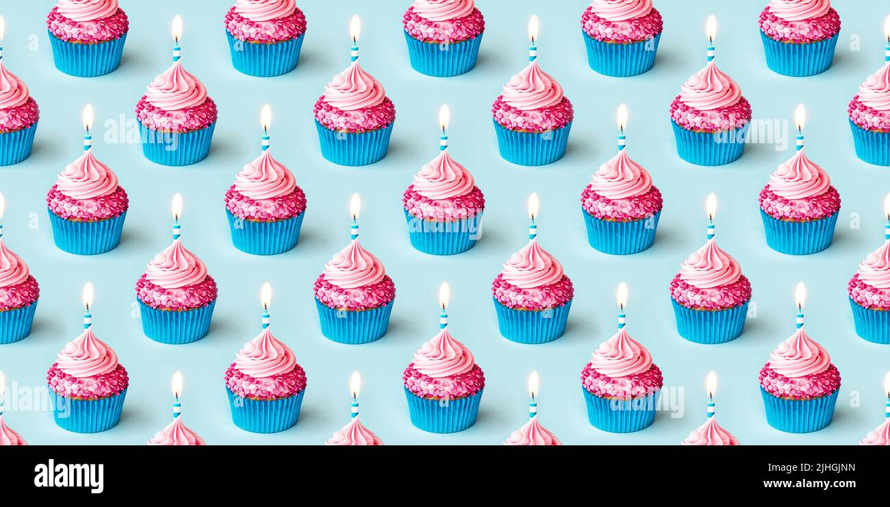 Seamless background repeating pattern of birthday cupcakes decorated ...