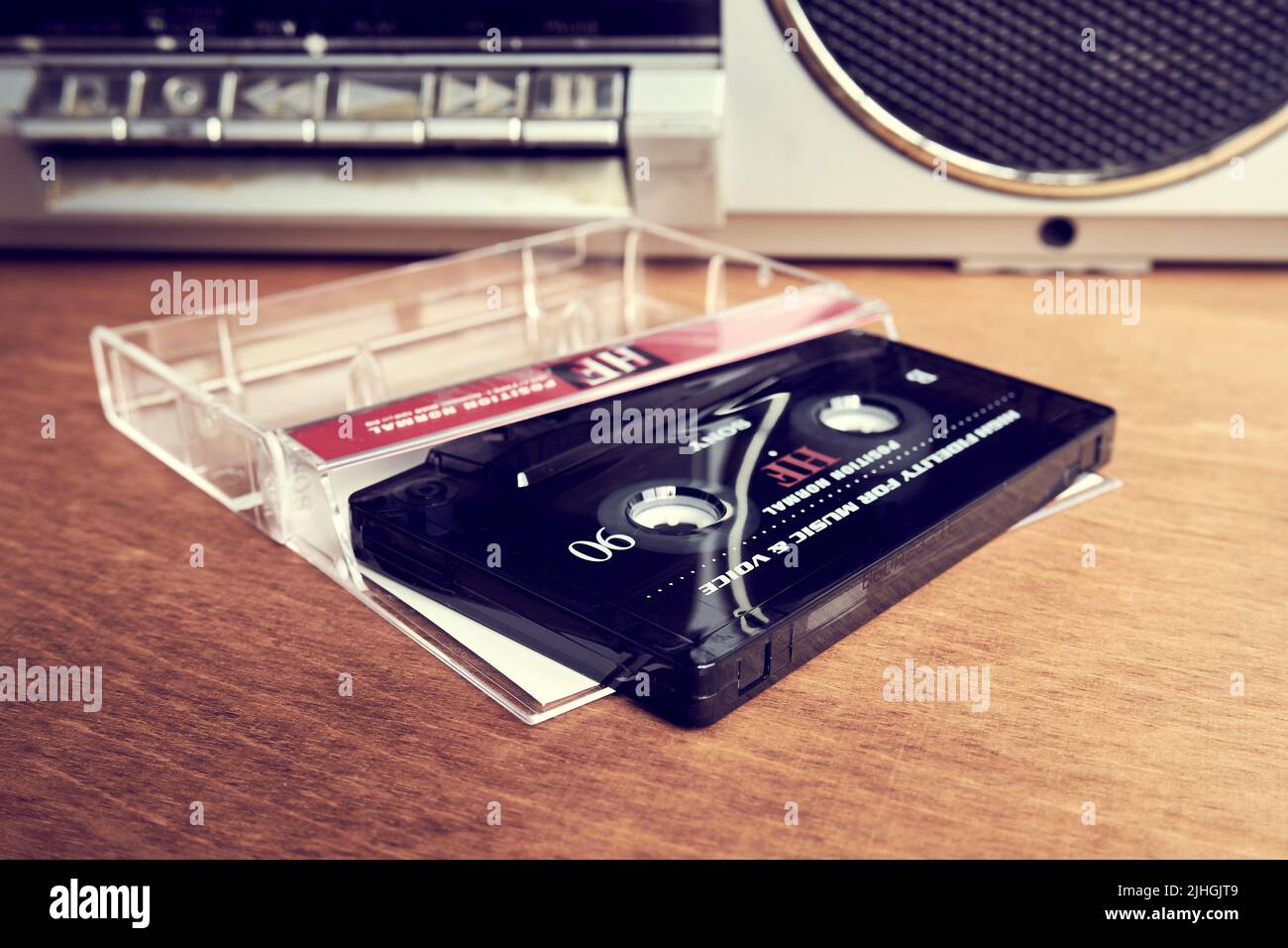 Sony compact cassette on the table next to the tape recorder Stock ...