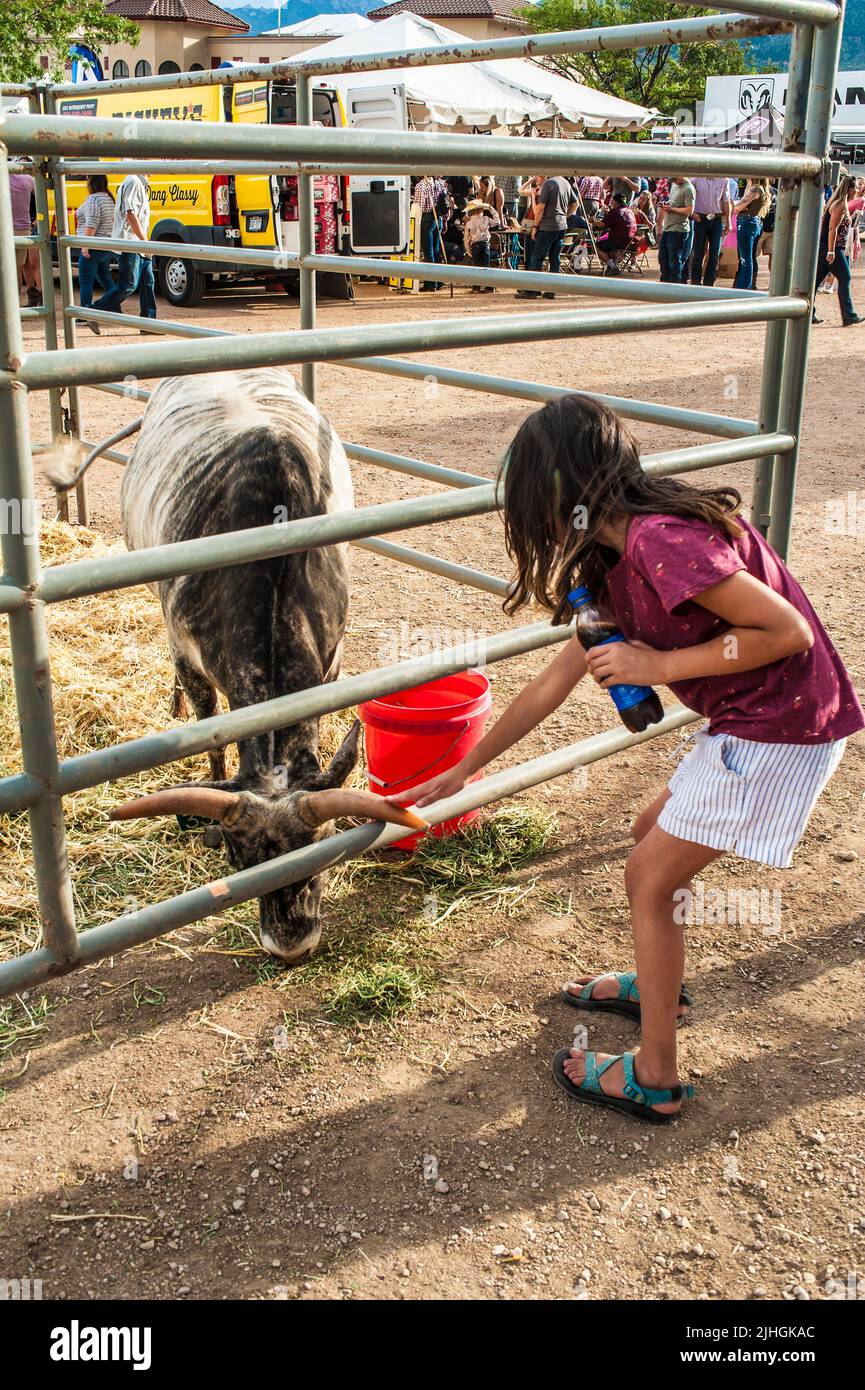 July 15, 2022;Colorado Springs, Colorado-Children visit a petting zoo ...