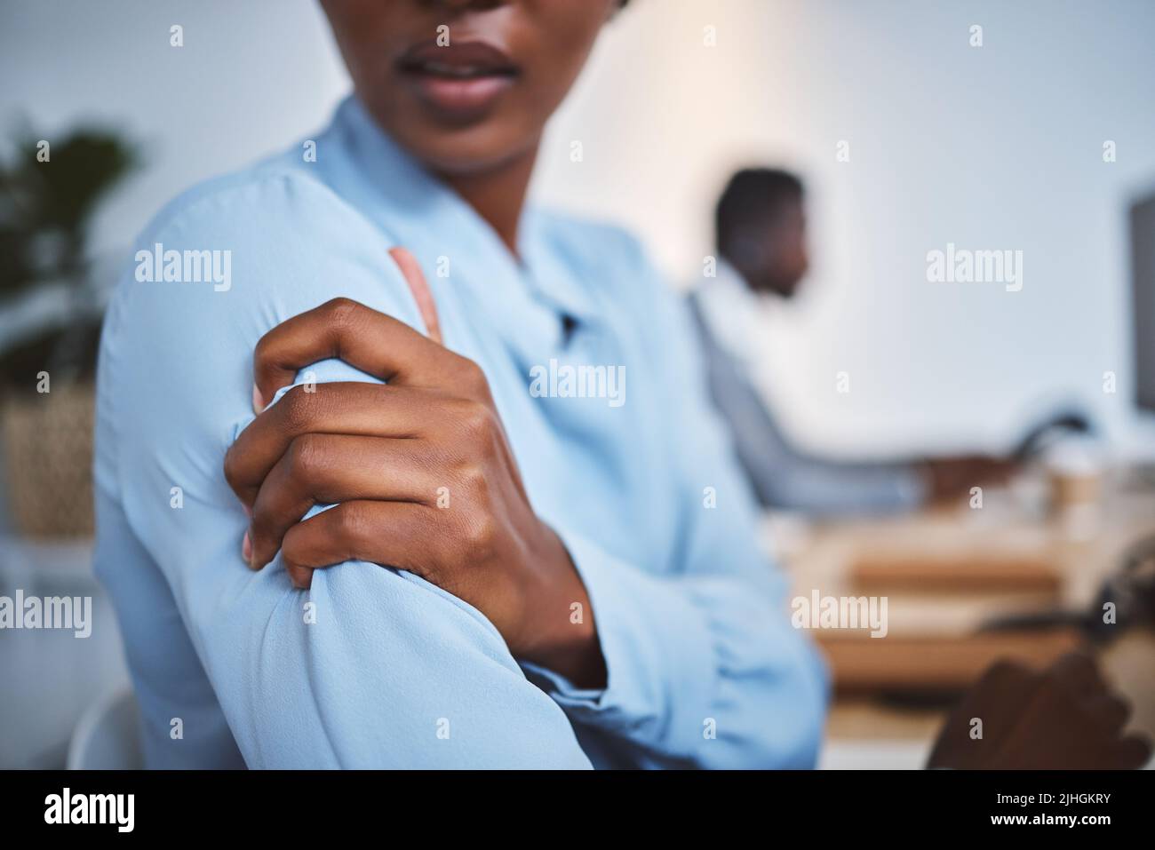Closeup of one stressed african american businesswoman suffering with ...