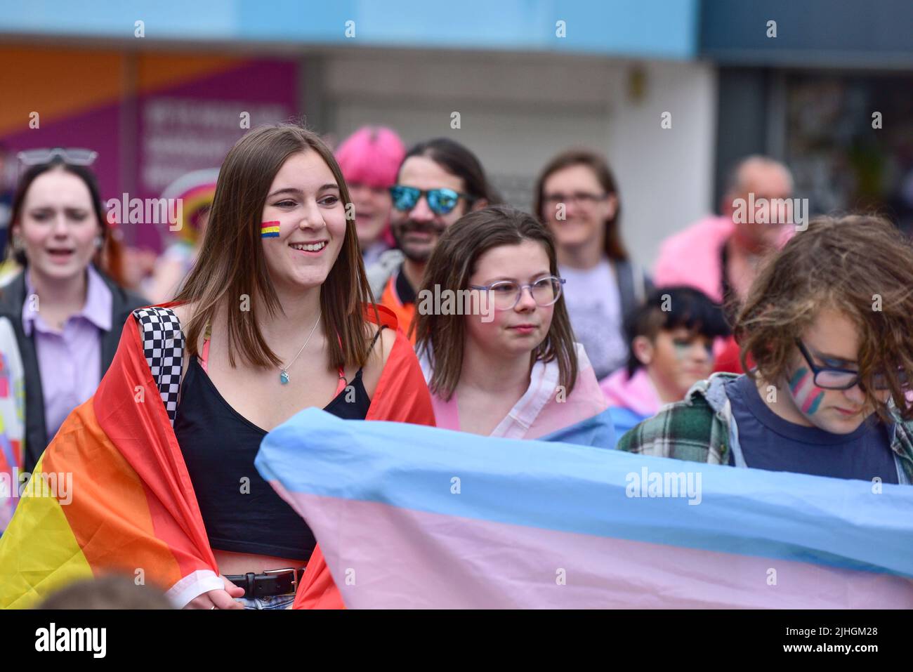 The vibrant colourful Cornwall Prides Pride parade in Newquay Town centre in the UK Stock Photo ...