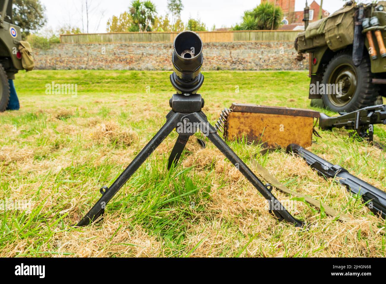 Low angle view of the front of a second world war German machine gun ...