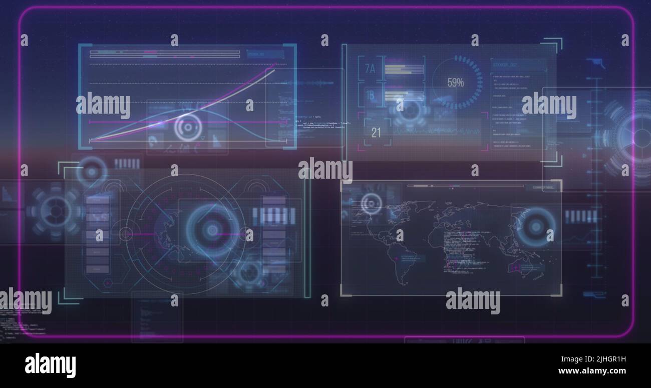 Image of data processing on moving screens over blue background Stock ...