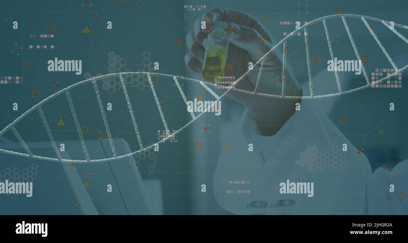 Image of spinning dna strand an data processing over caucasian ...