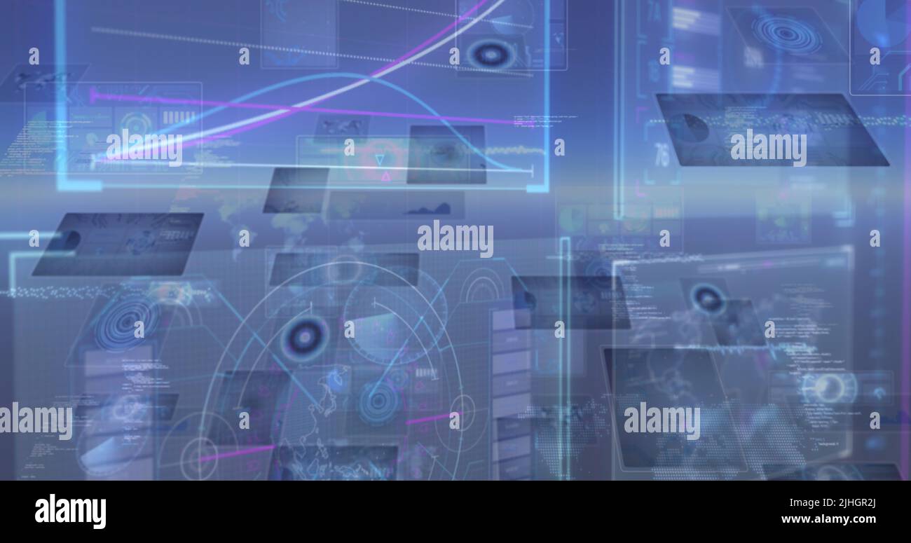 Image of data processing on moving screens over blue background Stock ...