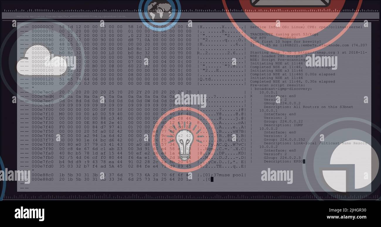 Image of falling icons over data processing on white background Stock ...