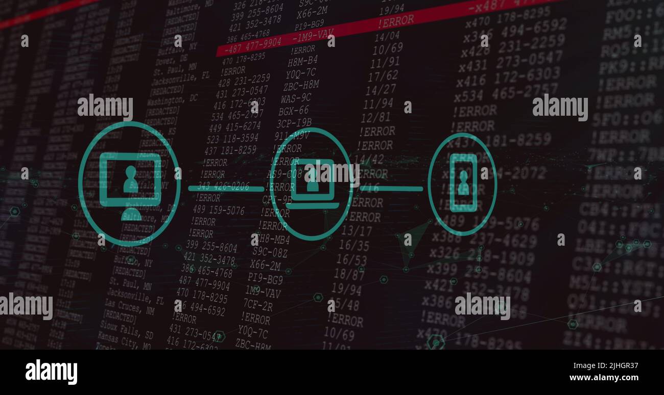 Image of falling icons over data processing on dark background Stock Photo - Alamy
