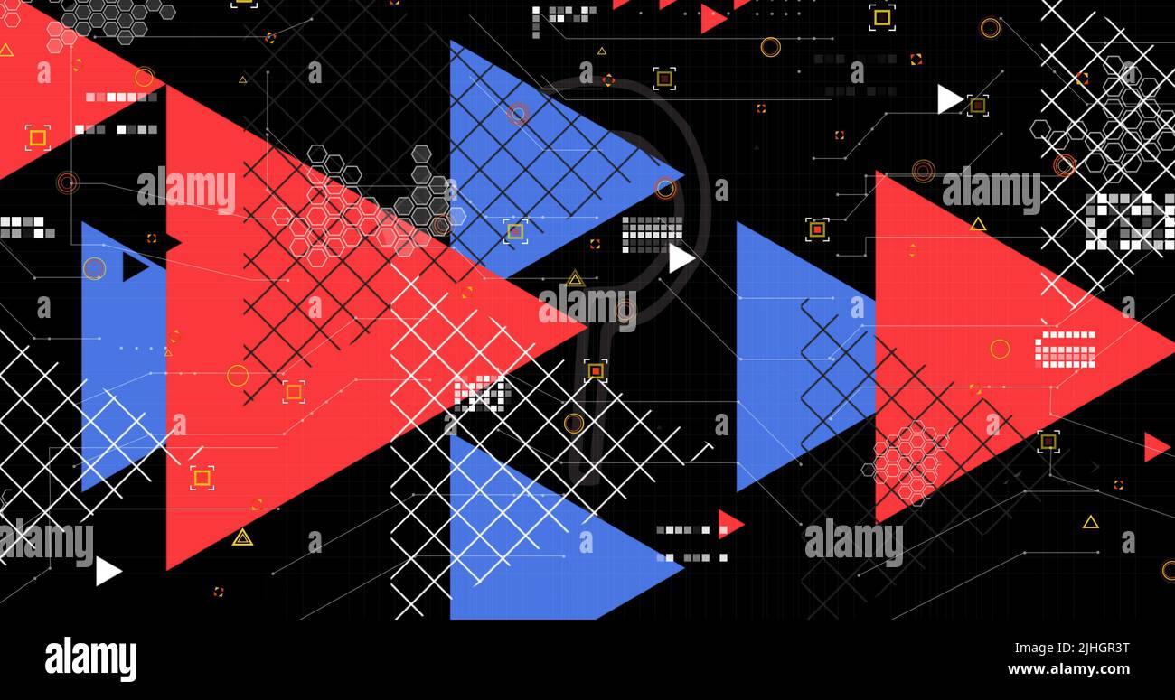 Image of data processing over triangles and question mark on black ...
