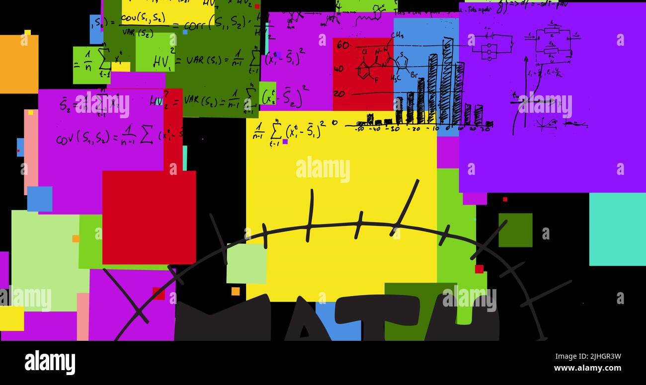 Image of math text and mathematical equations over colorful squares on ...