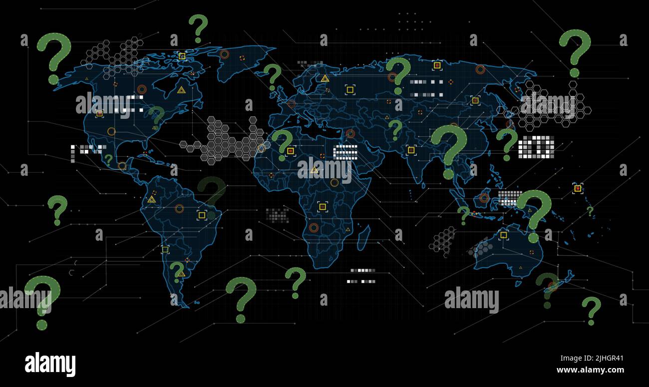 Image of question mark icons over data processing and world map on ...