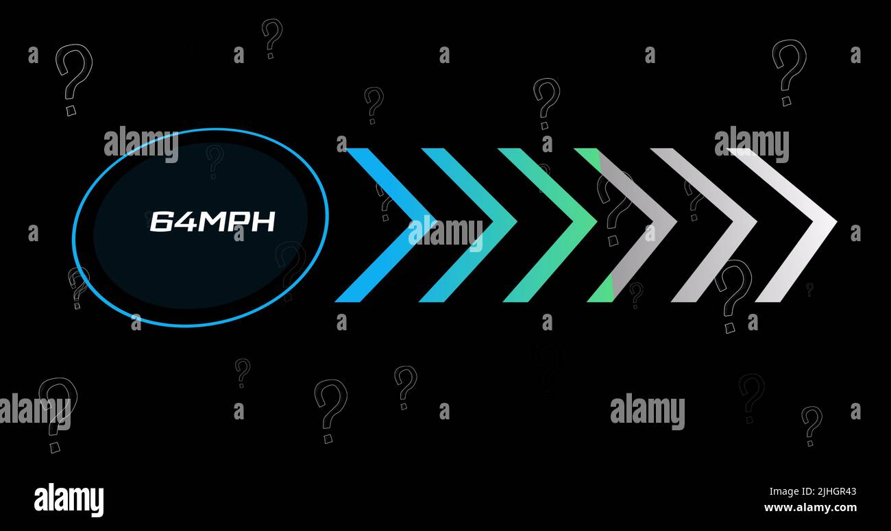 Image of data processing over question mark icons on black background ...