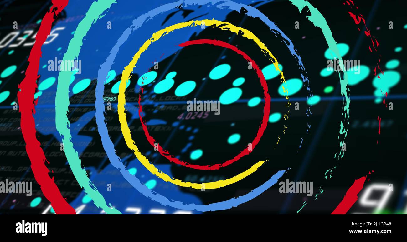 Image of colorful circles over data processing and world map on black ...