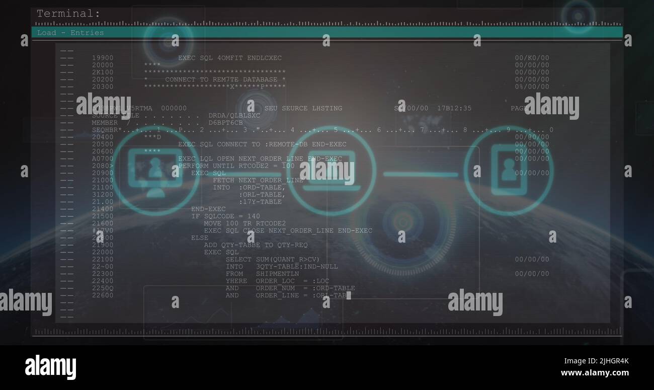 Image of falling icons over data processing on dark background Stock ...