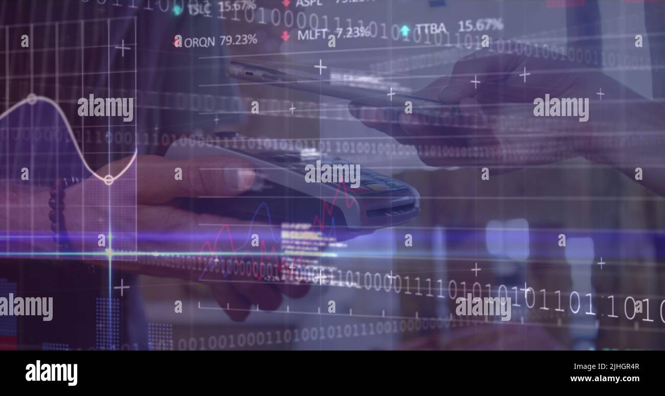 Image of financial data processing over diverse people paying with ...
