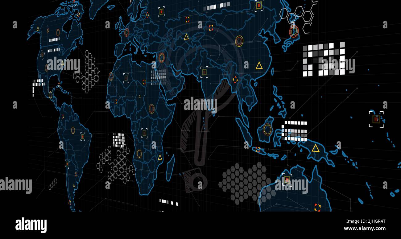 Image of data processing over world map and question mark on black ...